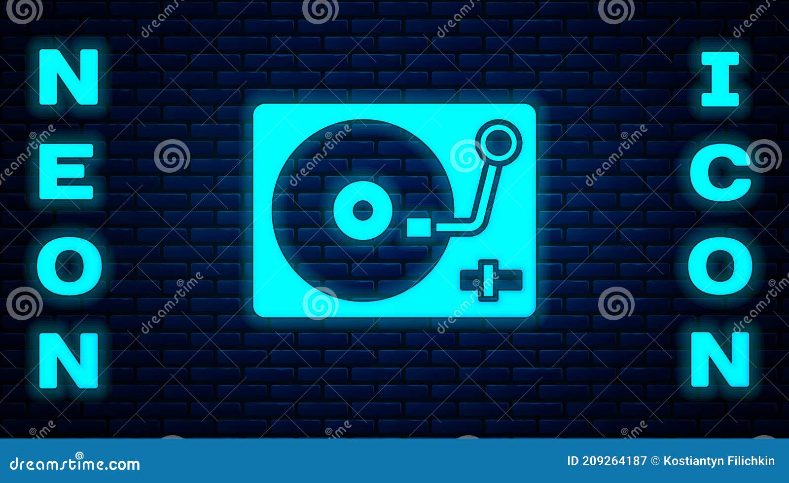 Glowing Neon Vinyl Player with a Vinyl Disk Icon Isolated on Brick Wall ...