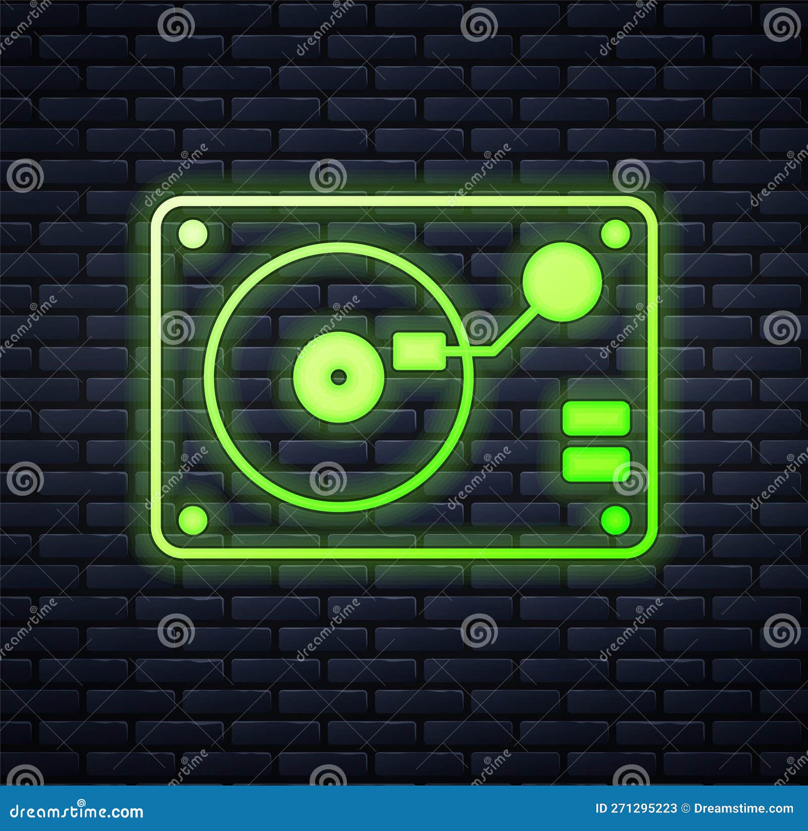 Glowing Neon Vinyl Player with a Vinyl Disk Icon Isolated on Brick Wall ...