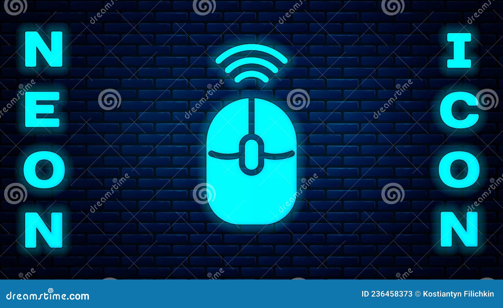 Glowing Neon Wireless Computer Mouse Icon Isolated on Brick Wall ...