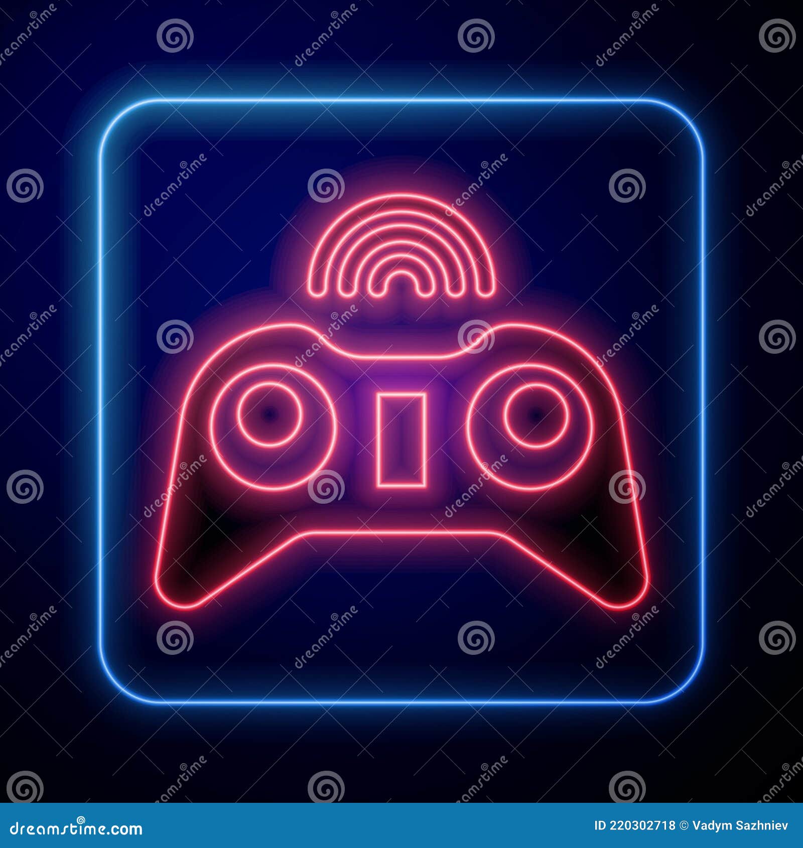 Glowing Neon Wireless Gamepad Icon Isolated on Blue Background. Game ...