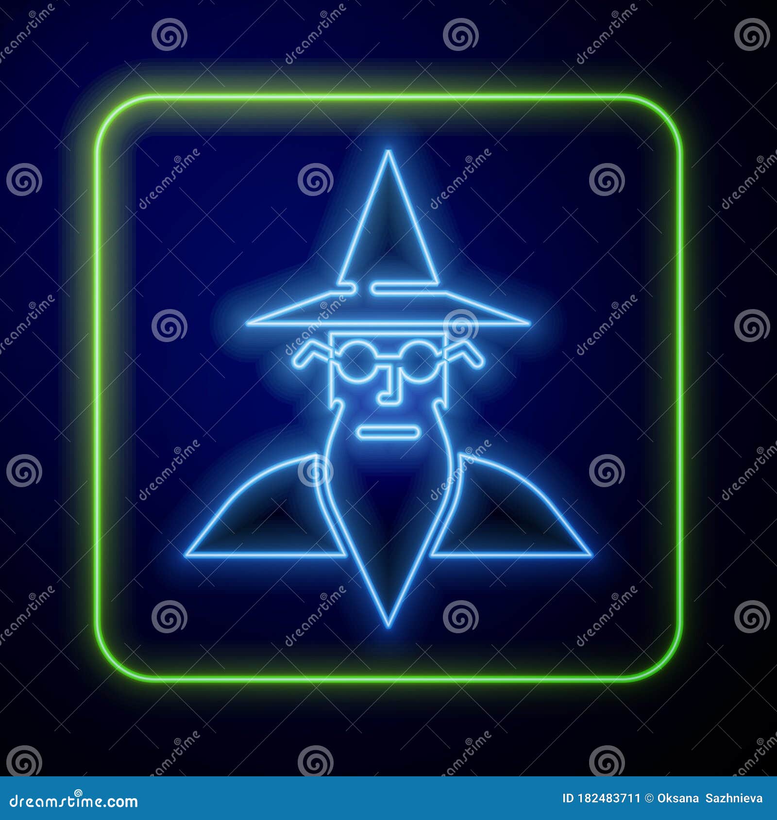 Glowing Neon Wizard Warlock Icon Isolated on Blue Background Stock ...
