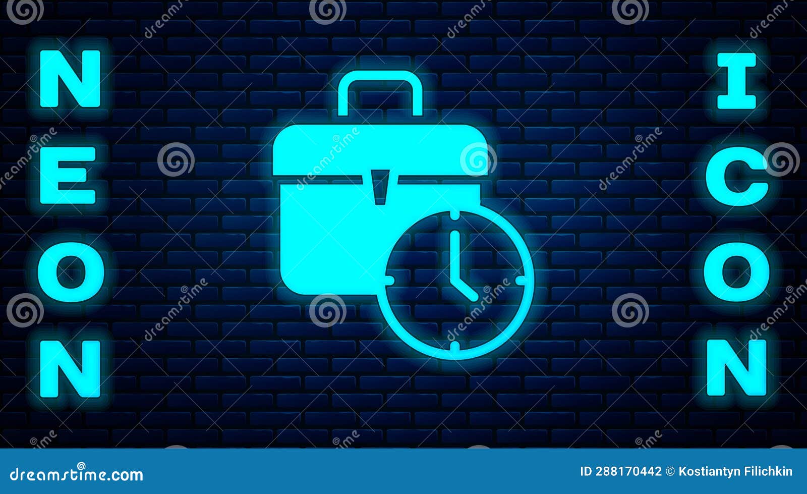 Glowing Neon Work Time Icon Isolated on Brick Wall Background. Office ...