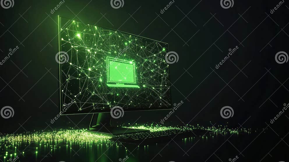 A Glowing Network Grid in Green Surrounds a Computer Icon, Representing ...