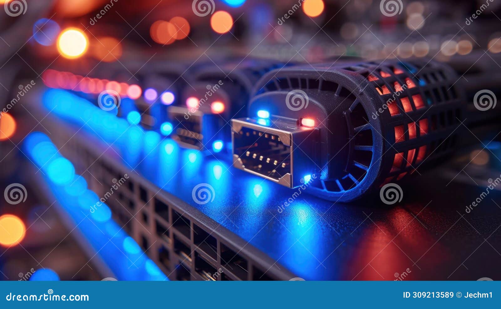 Glowing Network Interface Cards in a Server Rack Stock Illustration ...