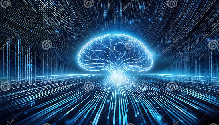 Glowing Neural Network Forms Brain Like Structure, Surrounded by Flowing Binary Code ...