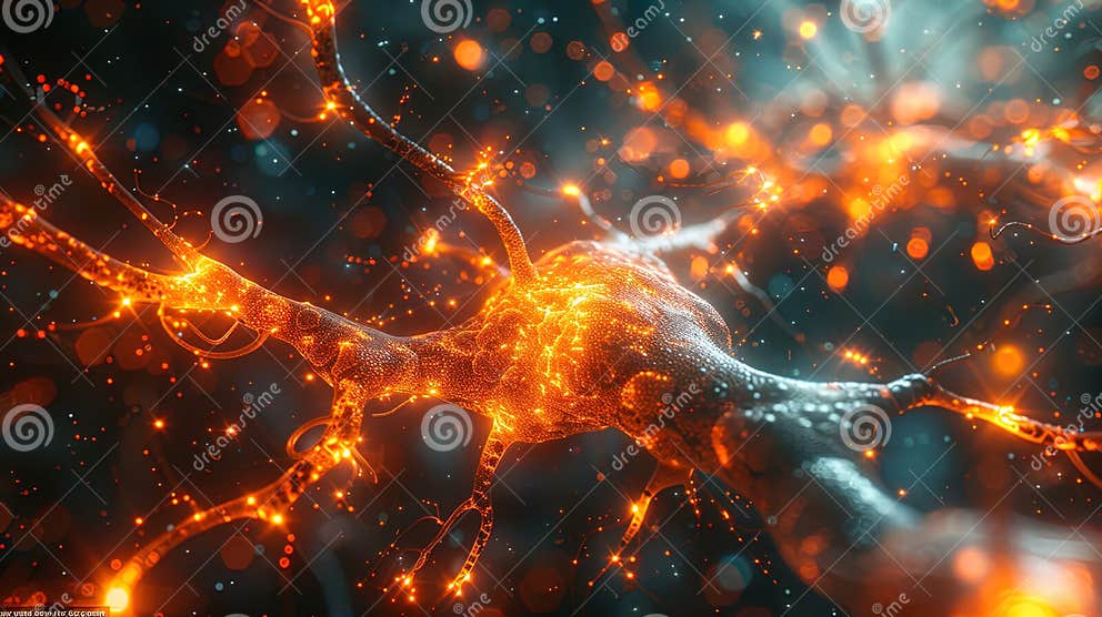 Glowing Neuron Cell Firing in 3D Rendering Stock Illustration - Illustration of research ...