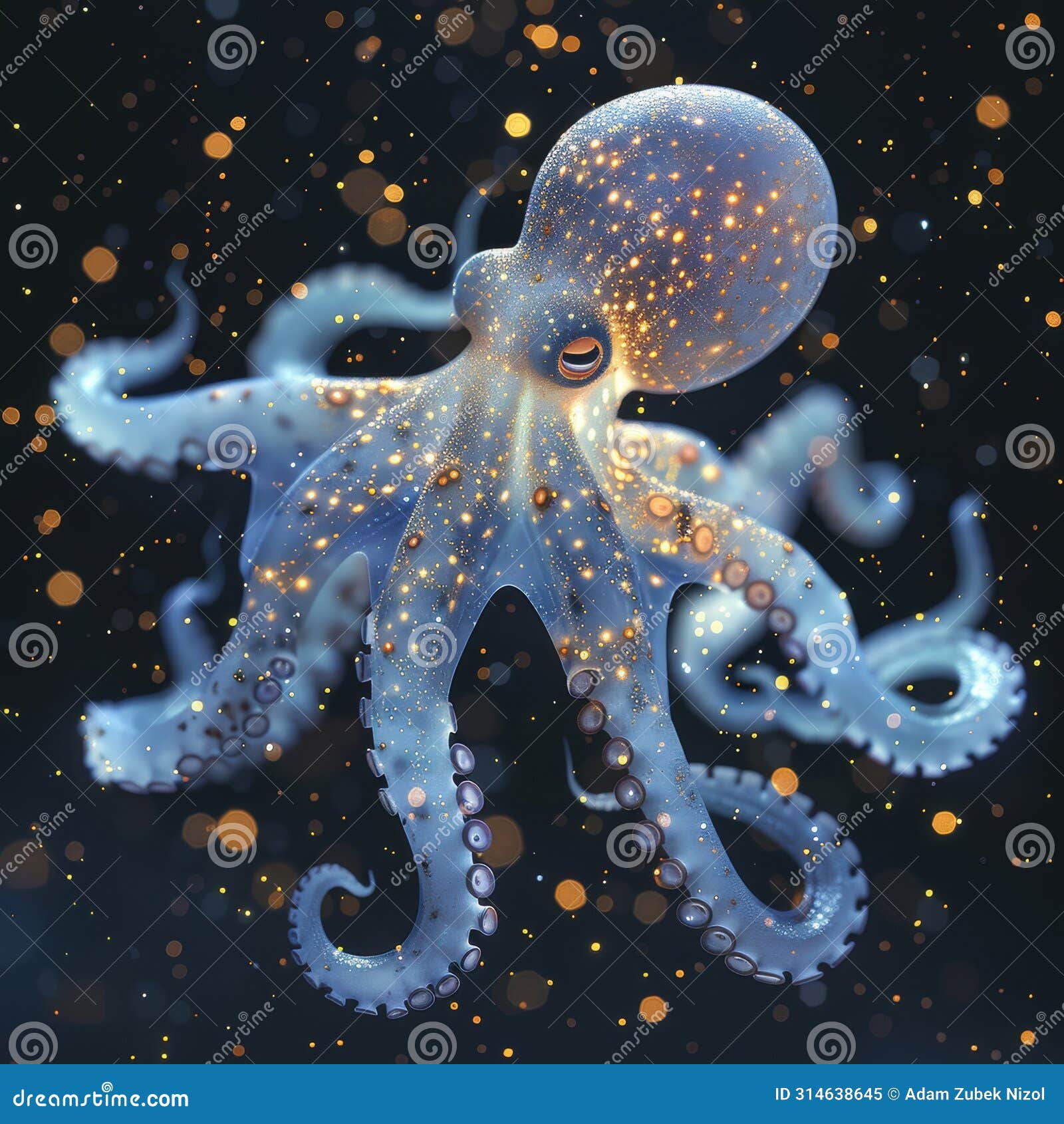 Glowing Octopus Floating in a Starry Underwater Scene Stock ...