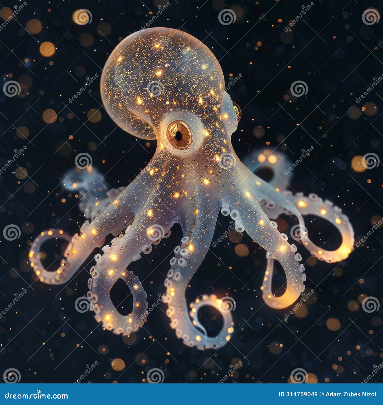 Glowing Octopus Floating in a Starry Underwater Scene Stock ...