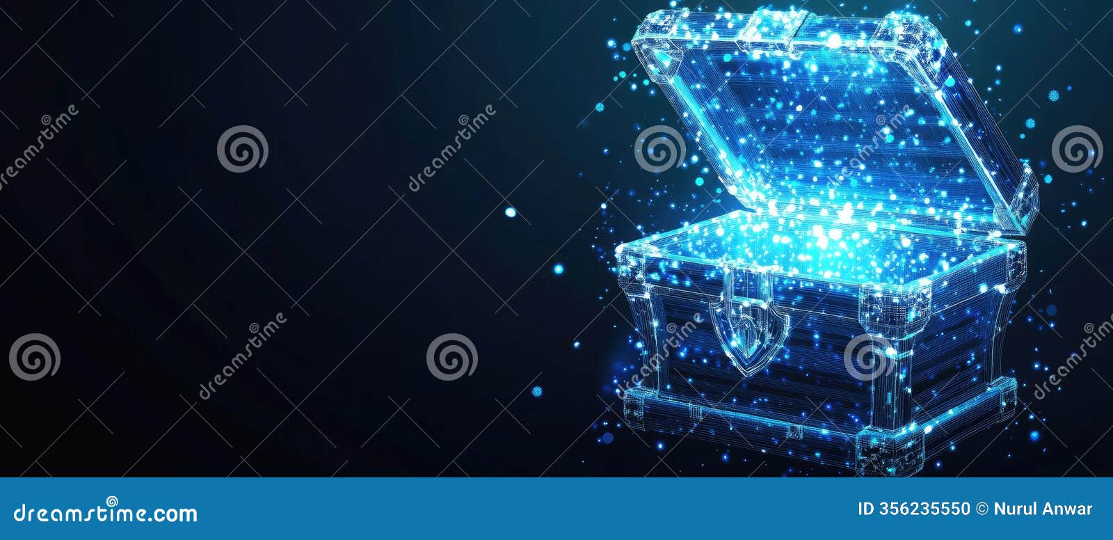 GLOWING OPEN TREASURE CHEST MADE of PARTICLES on DARK BLUE BACKGROUND ...