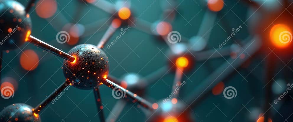 Glowing Orange Atom Network. Ball Shaped Molecule Structure. Dark Blue ...