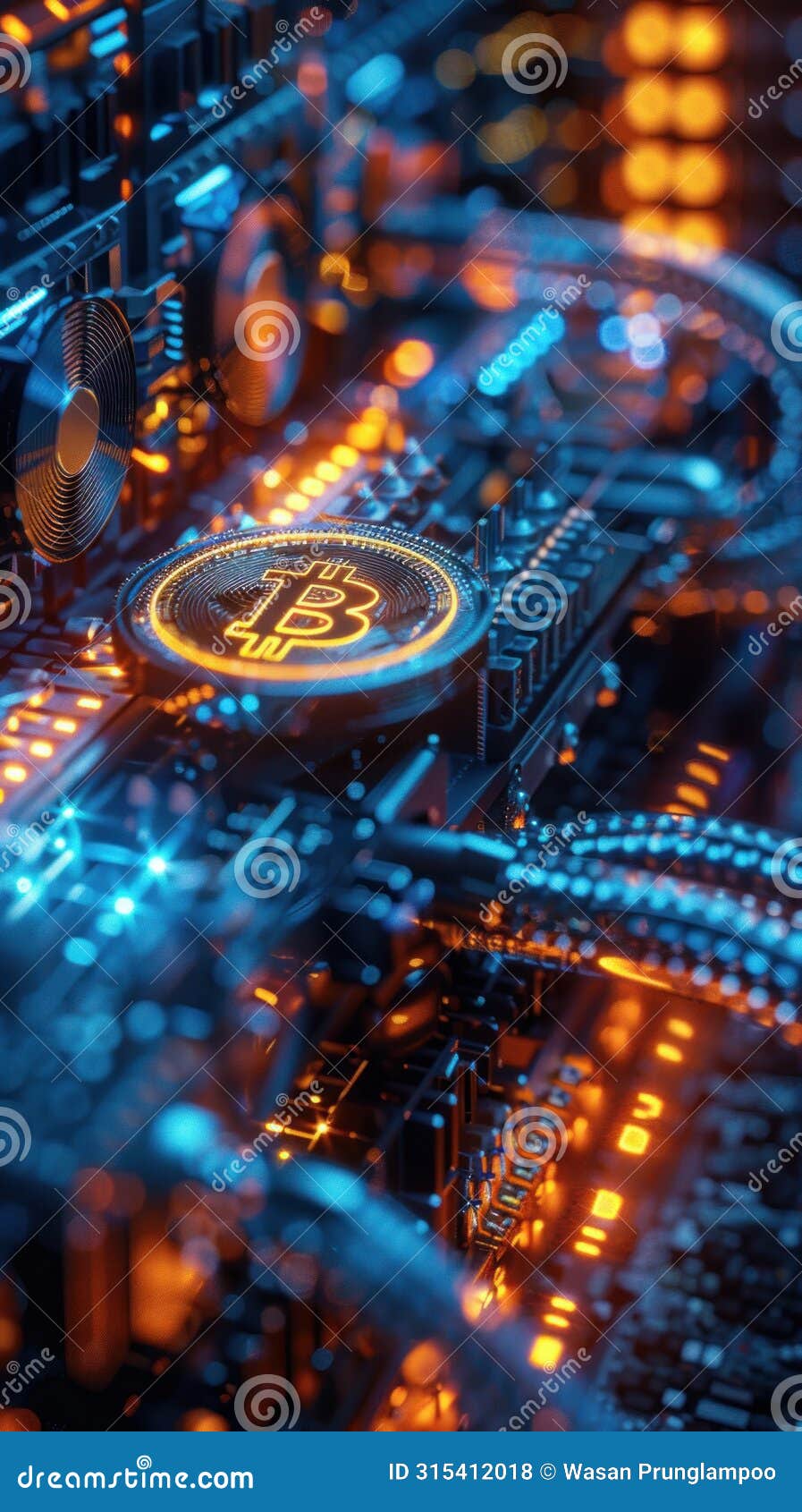 A Glowing Orange Bitcoin Sits on a Computer Motherboard with Blue and ...