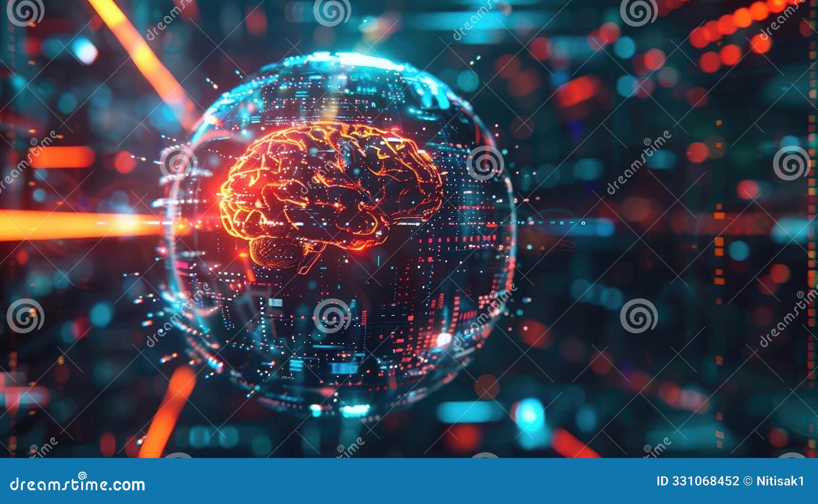 A Glowing Orange Brain Inside a Sphere of Blue and Red Circuit Board ...