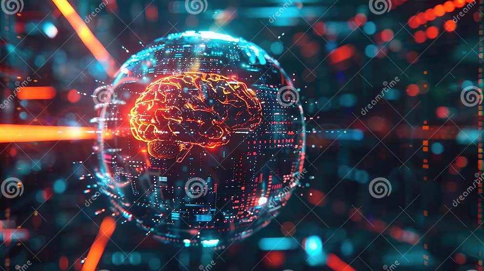 A Glowing Orange Brain Inside a Sphere of Blue and Red Circuit Board ...