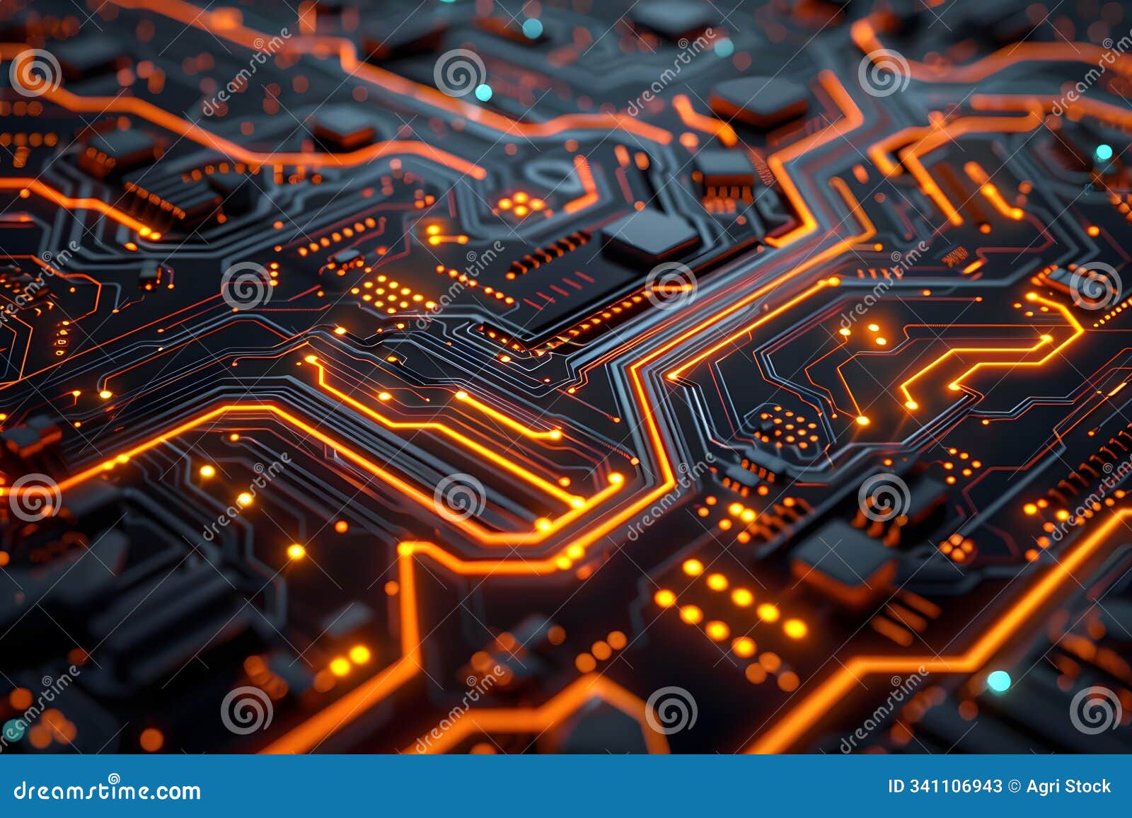 Glowing Orange Circuit Board with Complex Pathways Stock Illustration ...