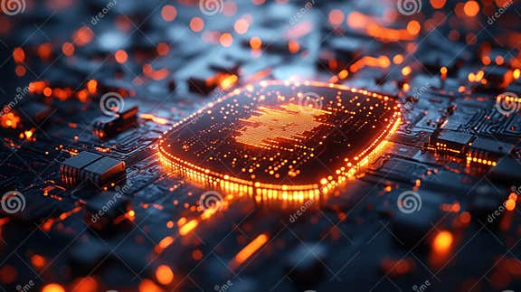 A Glowing Orange CPU Processor on a Circuit Board with a Blurry ...