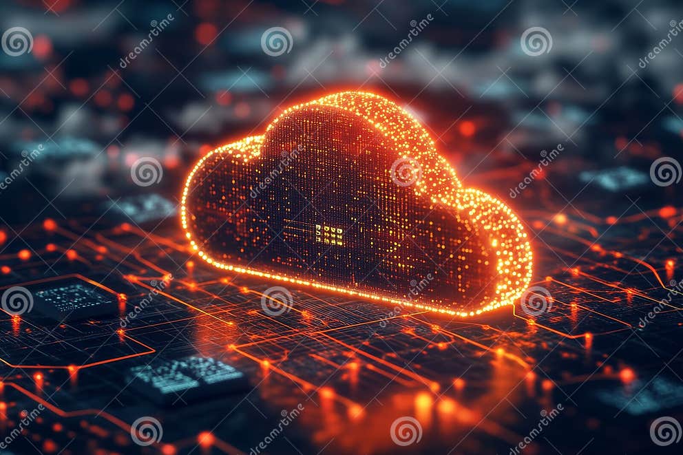 Glowing Orange Digital Cloud Hovering Above Circuit Board Symbolizing Cloud Computing Secure ...