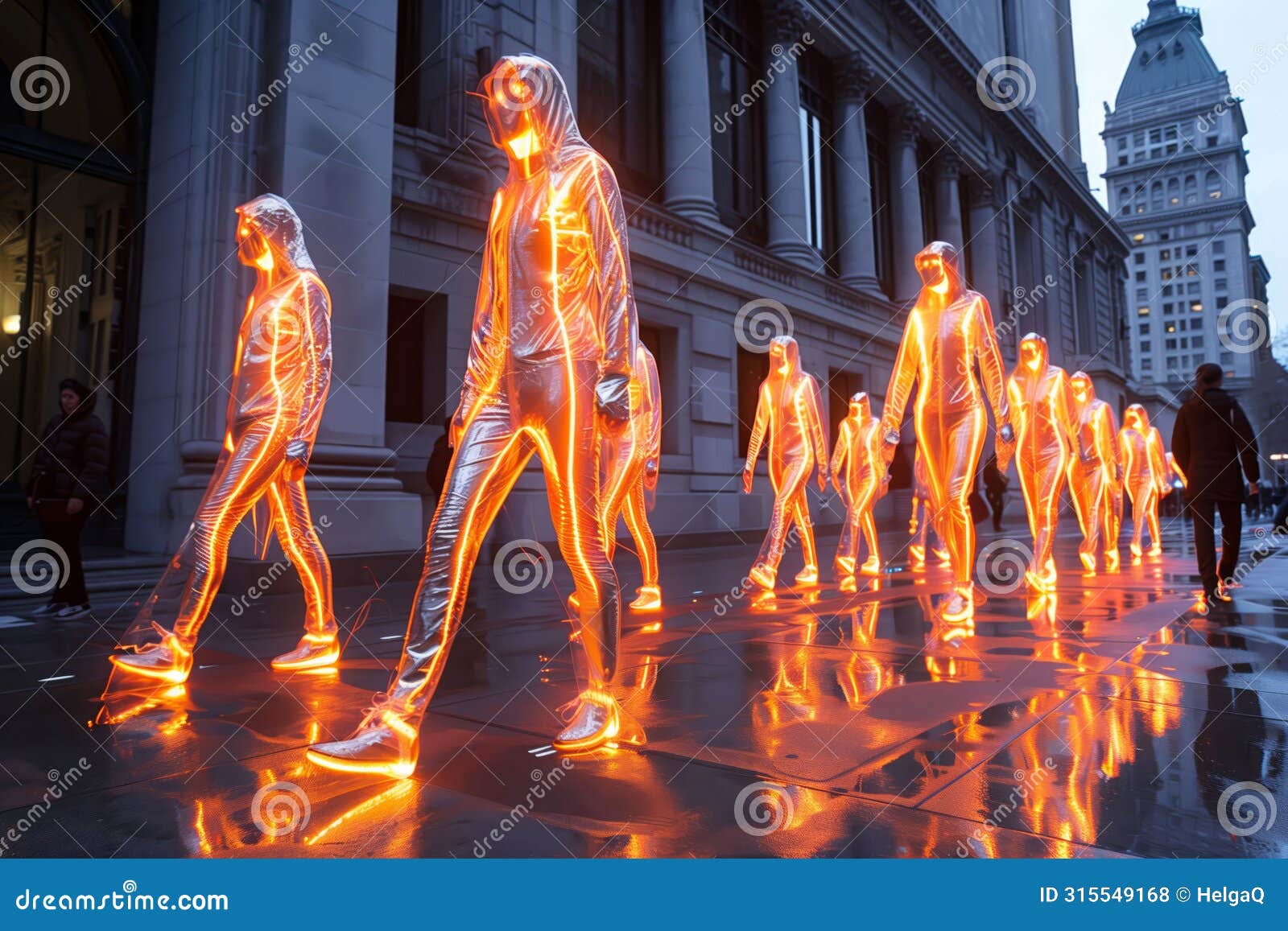 Glowing Orange LED Figures Marching in Front of Historic Architecture ...