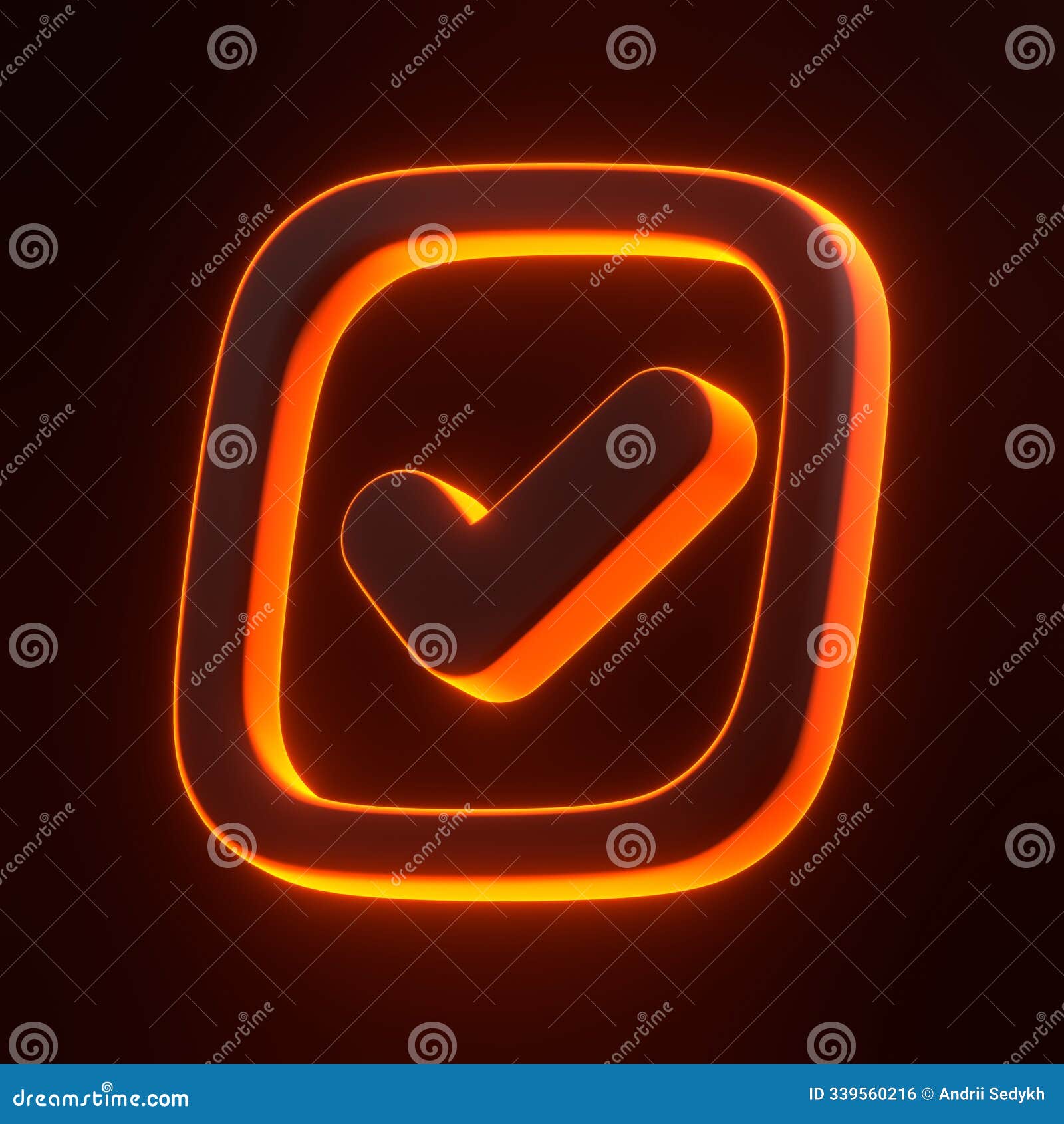 Glowing Orange Neon Check Mark Icon on Dark Background Stock ...