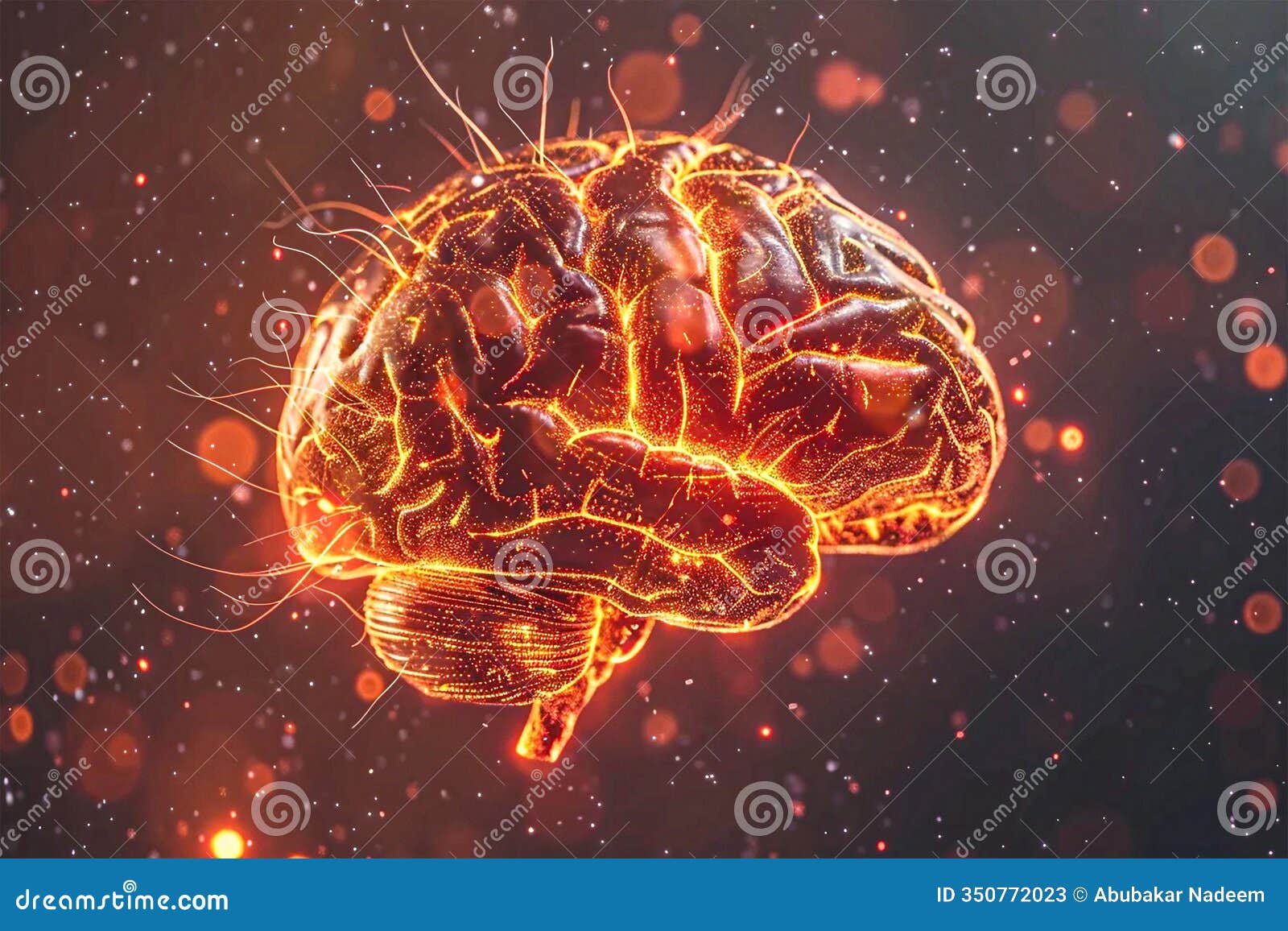 A Glowing, Orange-red Brain Image, with Small Lights Inside. Brain with ...