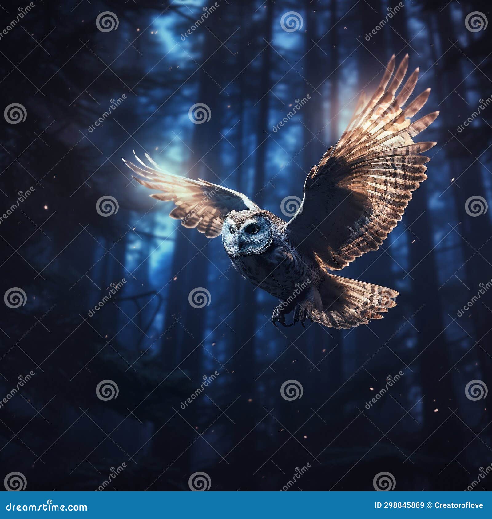 A Glowing Owl Flying at Night Over the Forest Stock Illustration ...