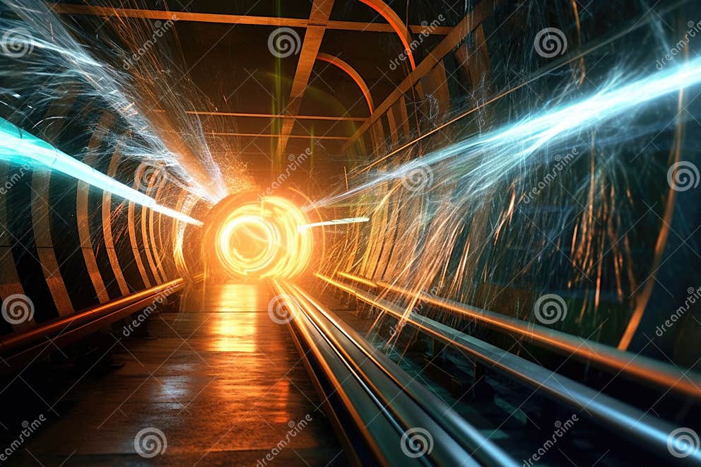 Glowing Particle Beams Inside The Accelerators Tunnel Stock