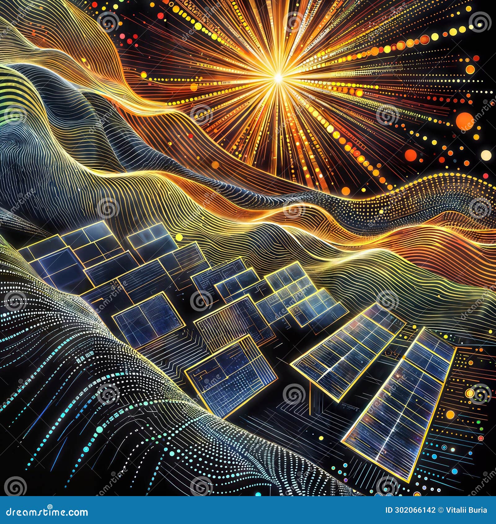 Abstract Technology Background with Solar Panels and Glowing Particles ...