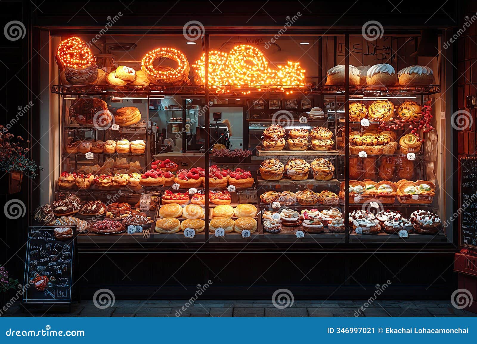 Glowing Pastries Paradise a 3D Bakery Window Display Stock Illustration ...