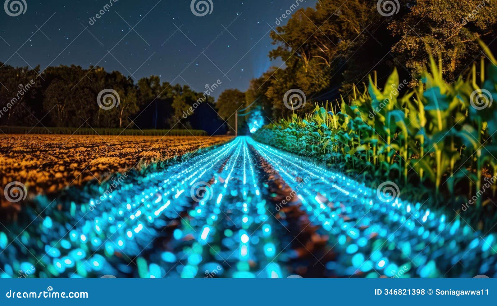 A Glowing Pathway through a Field at Night, Illuminated by Blue Lights ...
