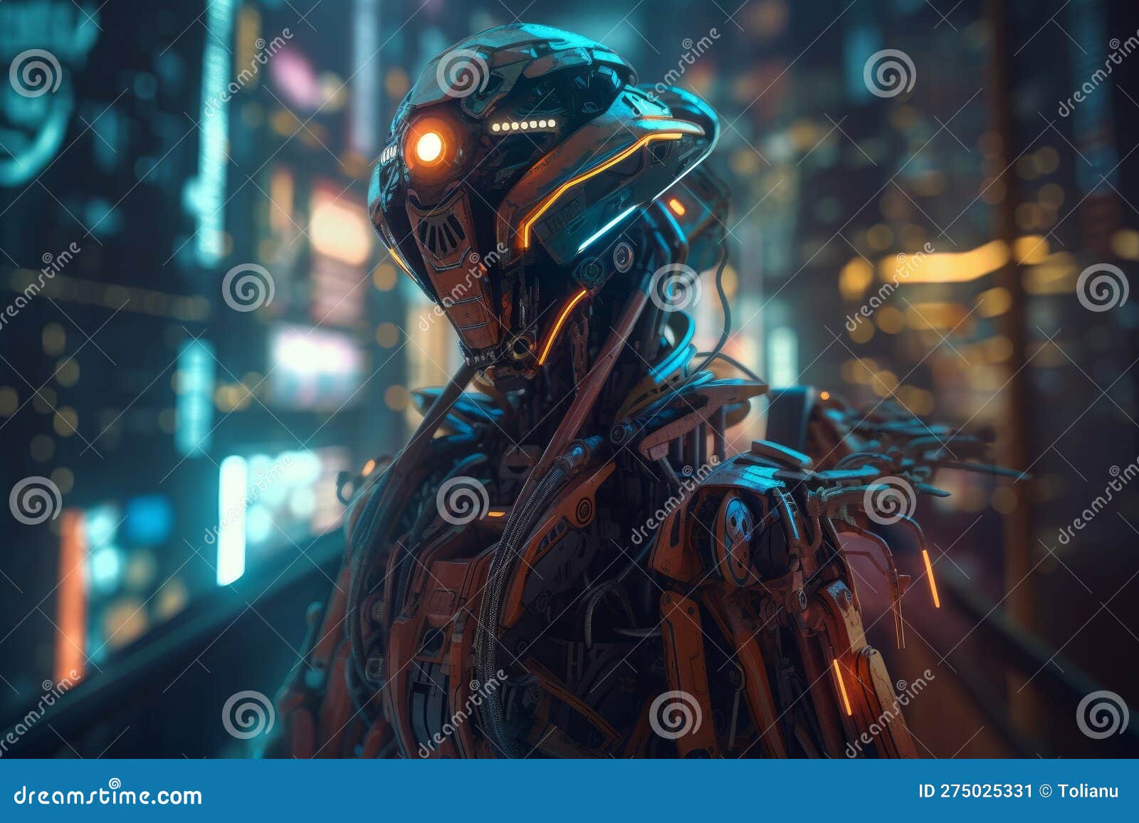 Penguin Robot in Glowing Rococo Pose with Bionic City Background Stock ...