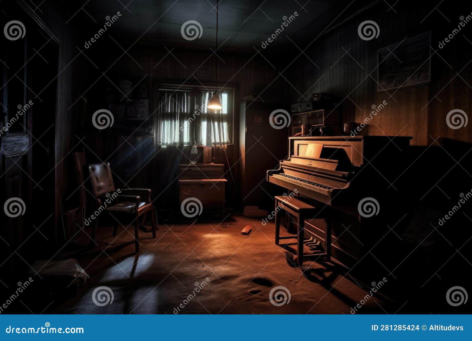 Glowing Piano Keys in a Dark Room with a Single Light Source Stock ...
