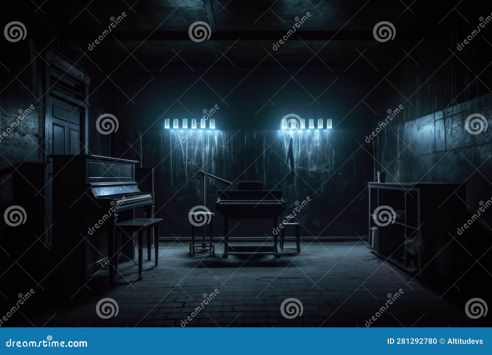 Glowing Piano Keys in a Dark Room with a Single Light Source Stock ...