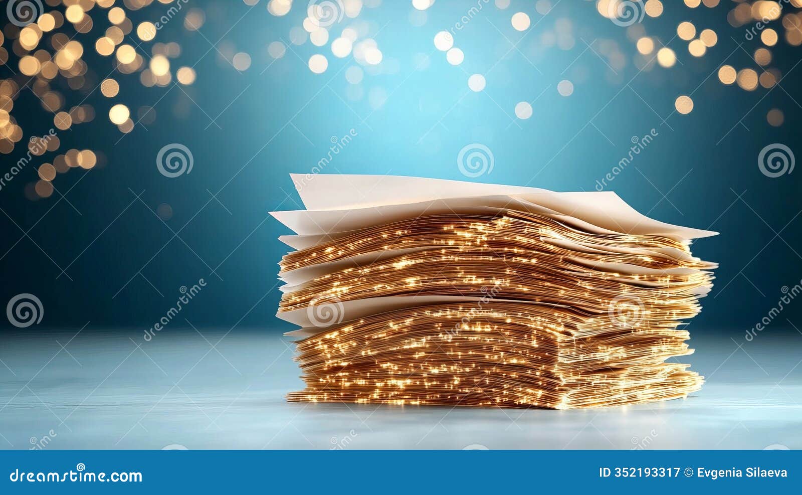Glowing Pile of Documents with Magical Lights on Blue Background Stock ...