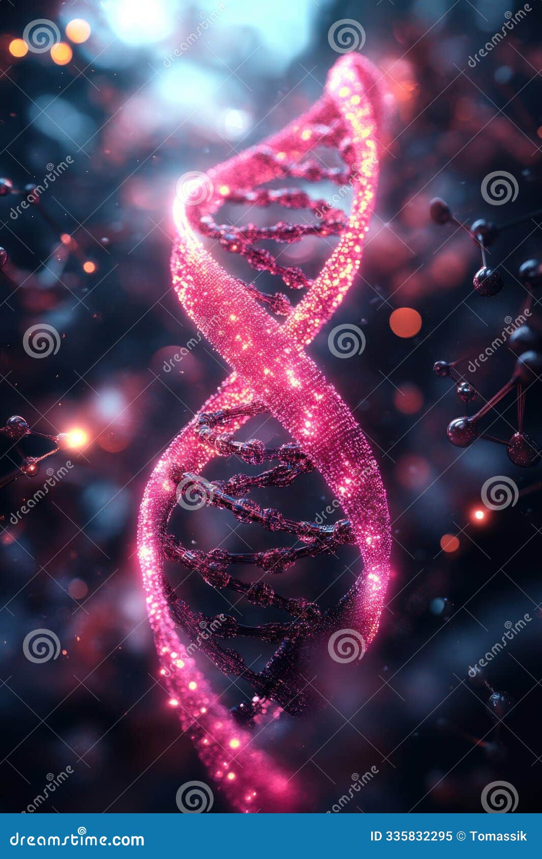 Glowing Pink Dna Strand Helix Amidst Molecular Structures in Dark ...