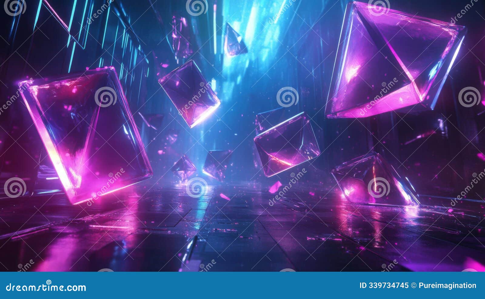 Glowing Pink Prisms Falling in a Dark, Futuristic Space Stock ...