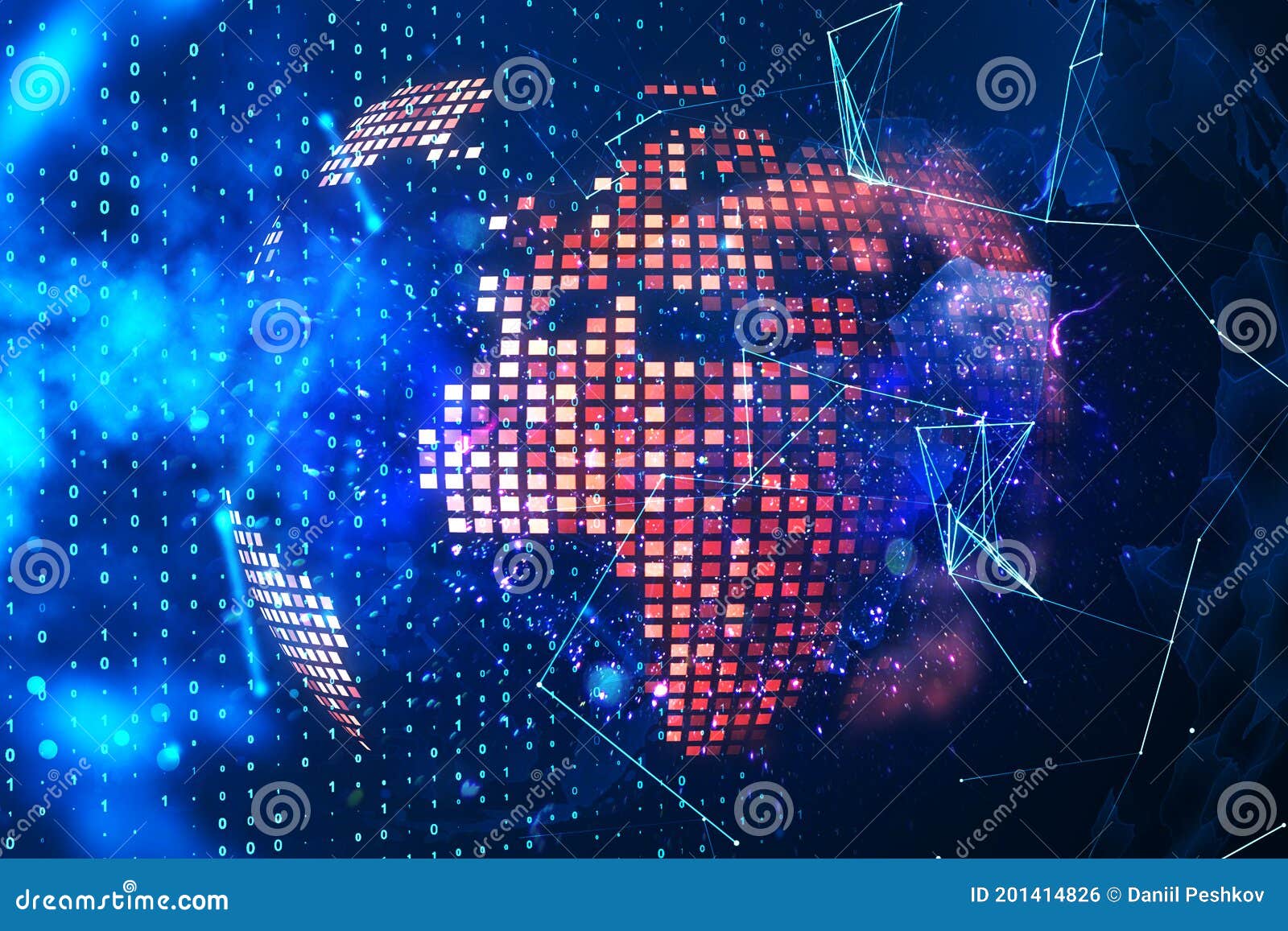 Glowing Pixel World Map on Virtual Screen Stock Illustration ...