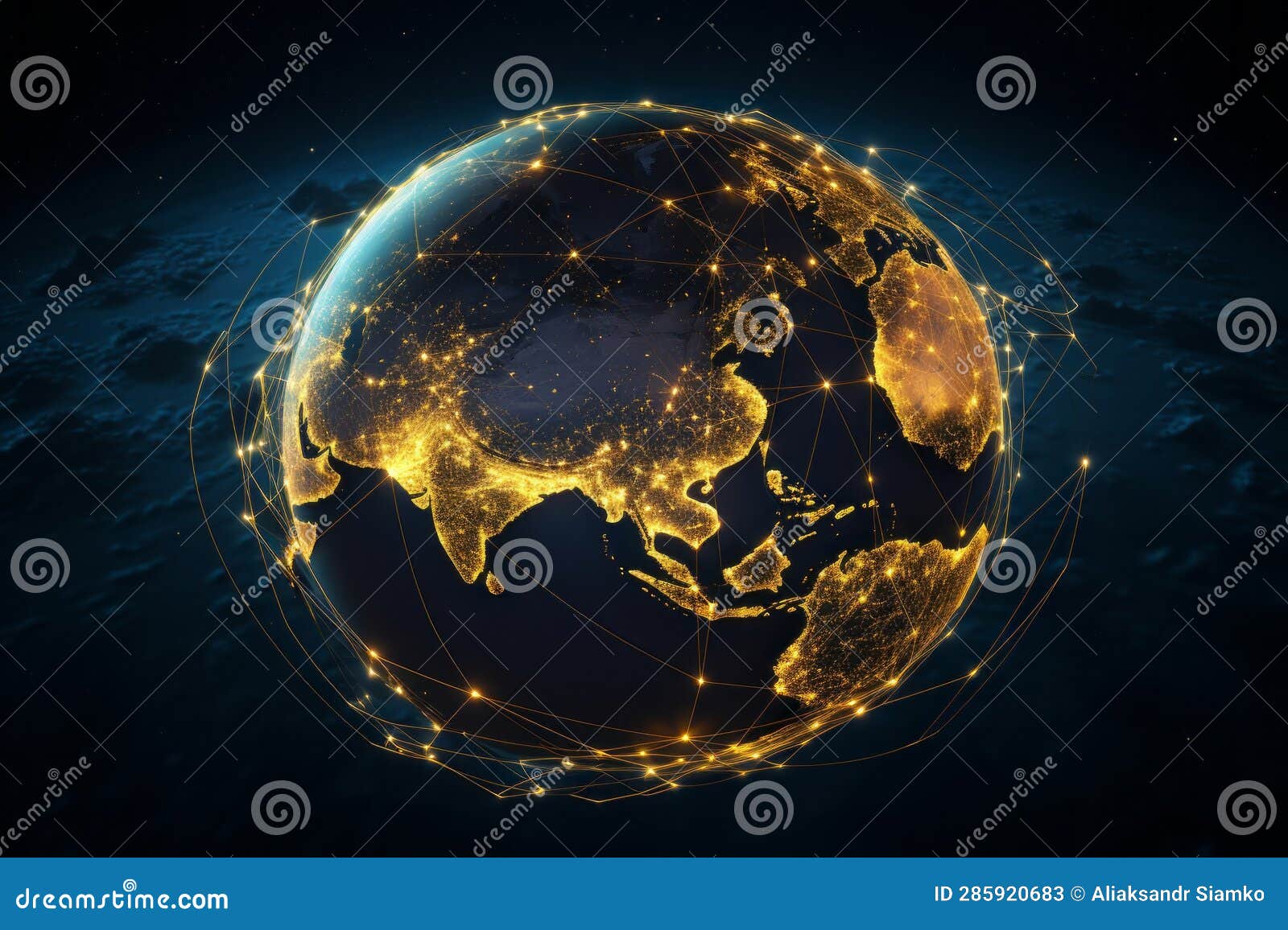 Glowing Planet with Yellow Network Connecting Cities on Black ...