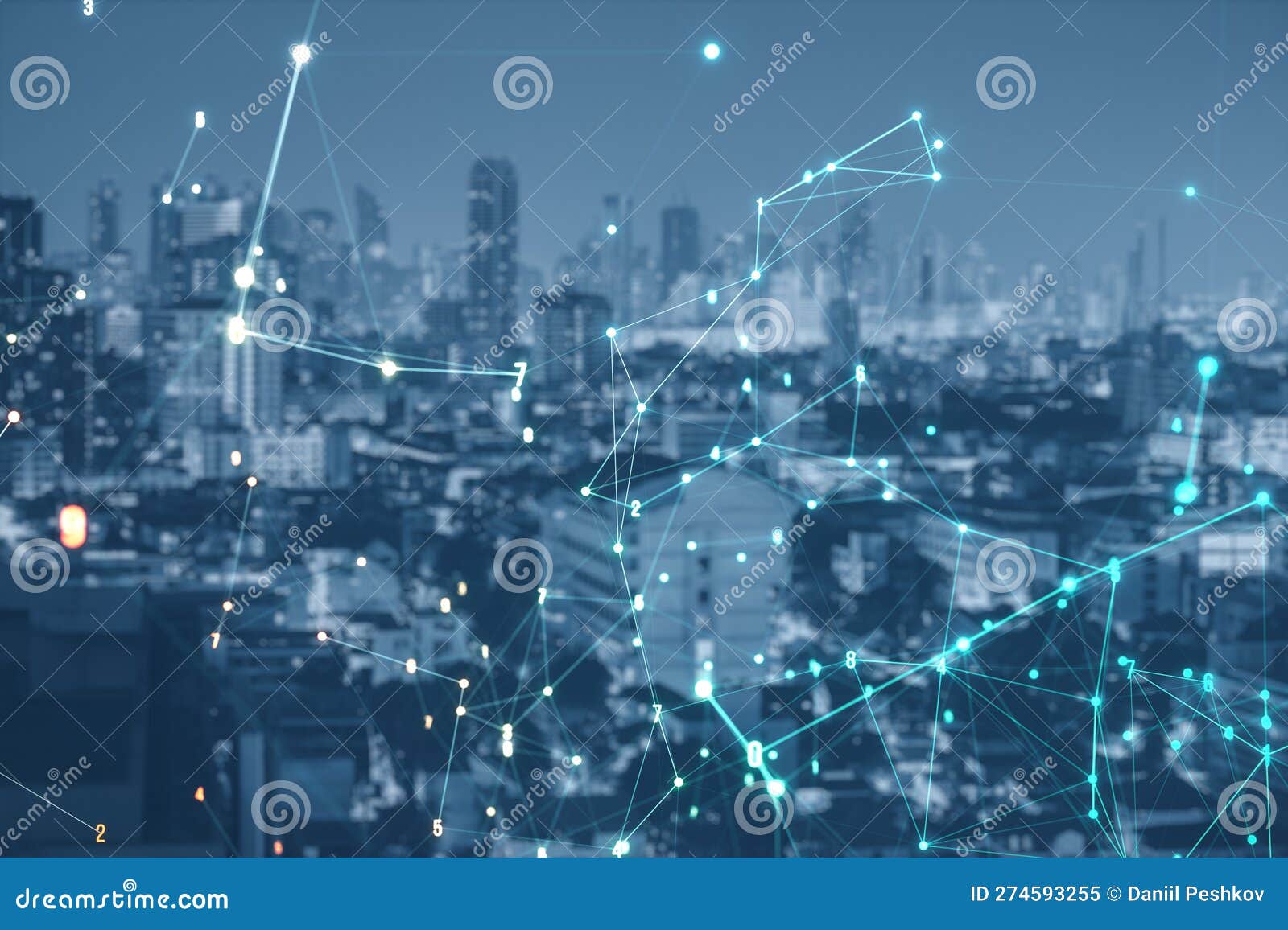 Glowing Polygonal Coding Mesh on City Background. Technology and ...