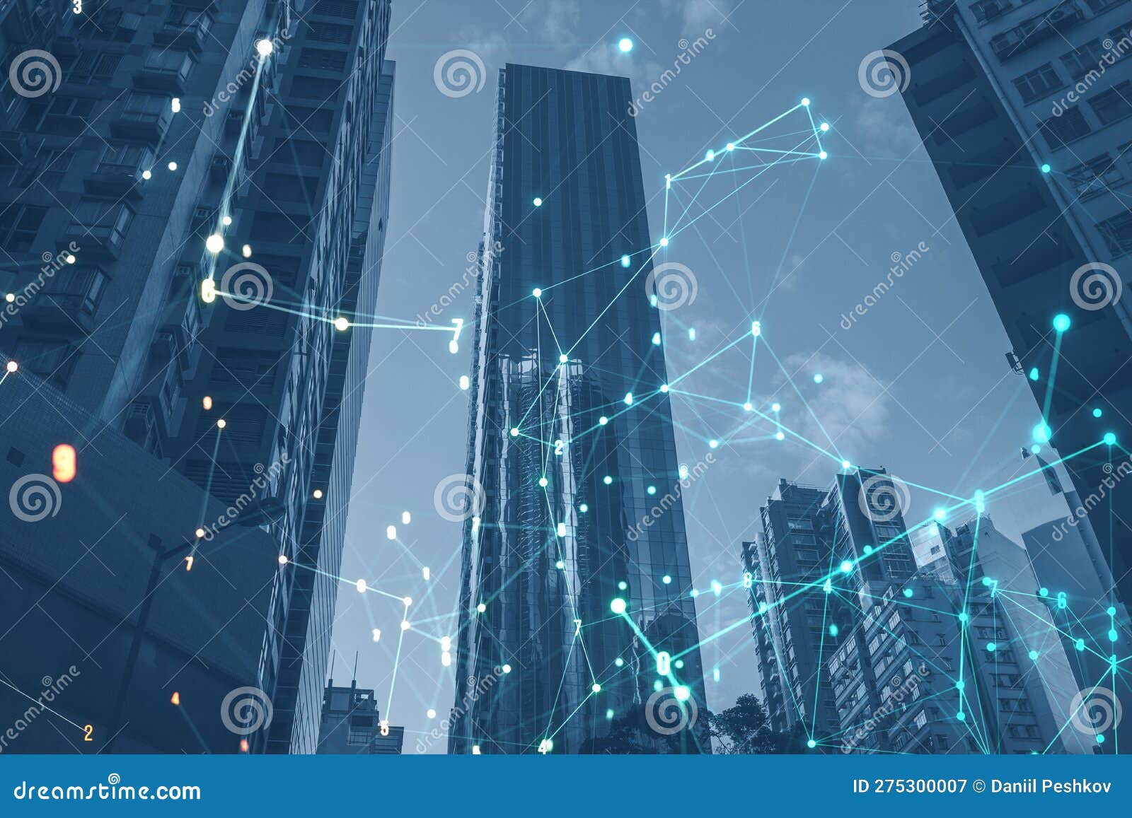 Glowing Polygonal Coding Mesh on City Texture. Technology and Pattern ...