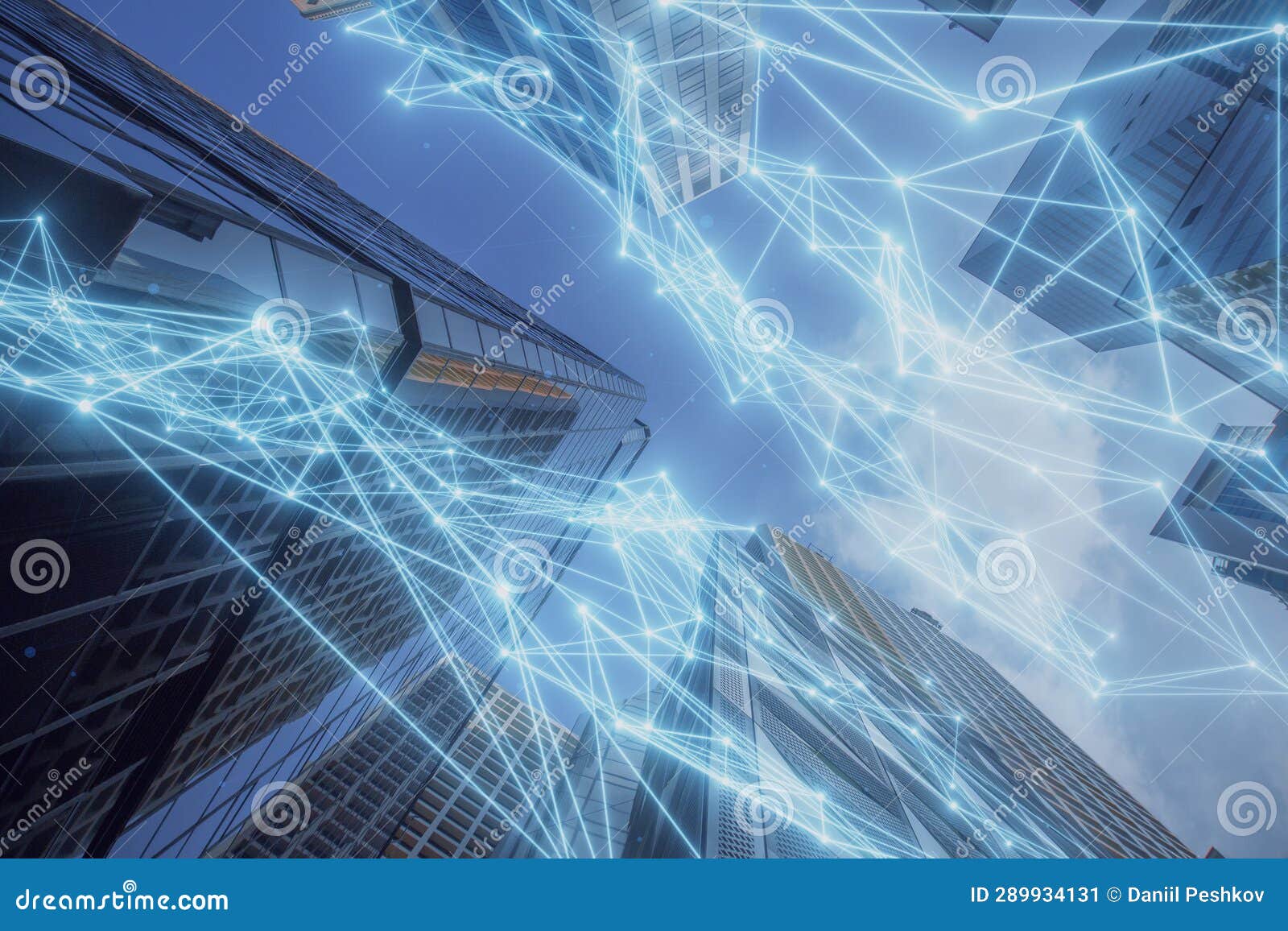 Glowing Polygonal Mesh on Bright City Backdrop. Smart City Concept ...