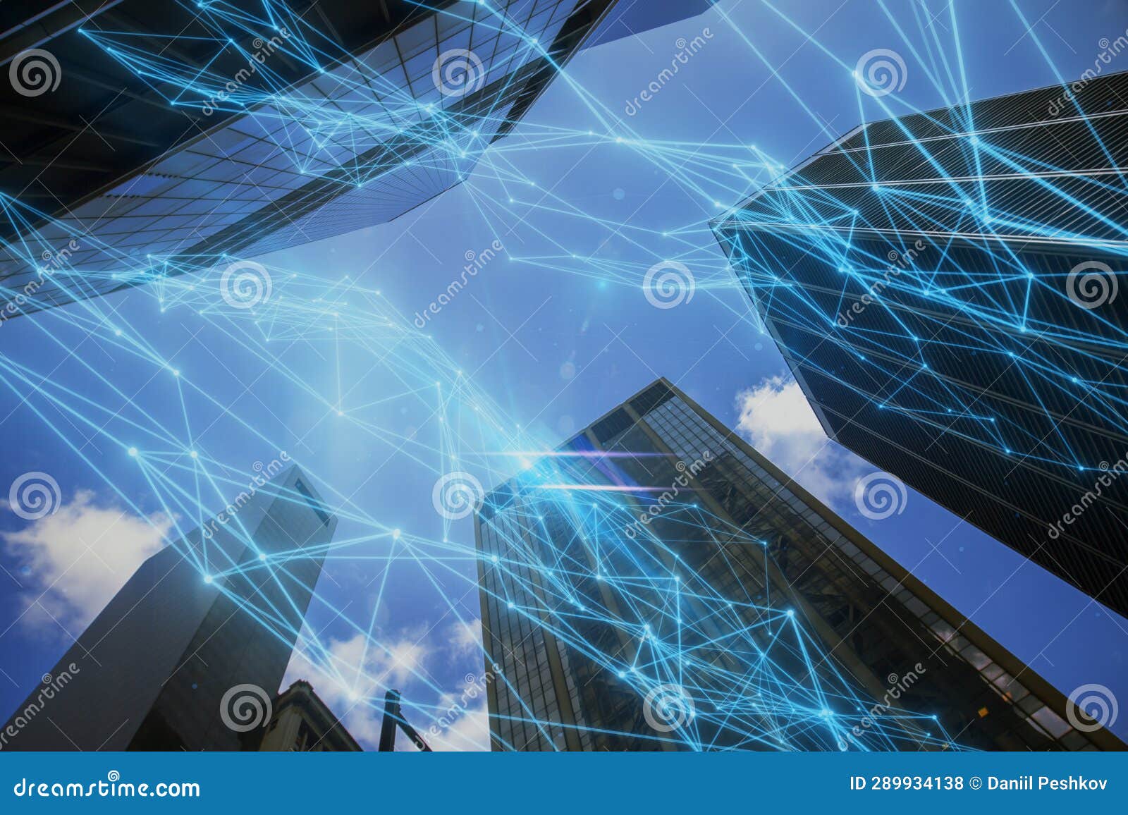 Glowing Polygonal Mesh on Bright City Texture. Smart City Concept Stock ...