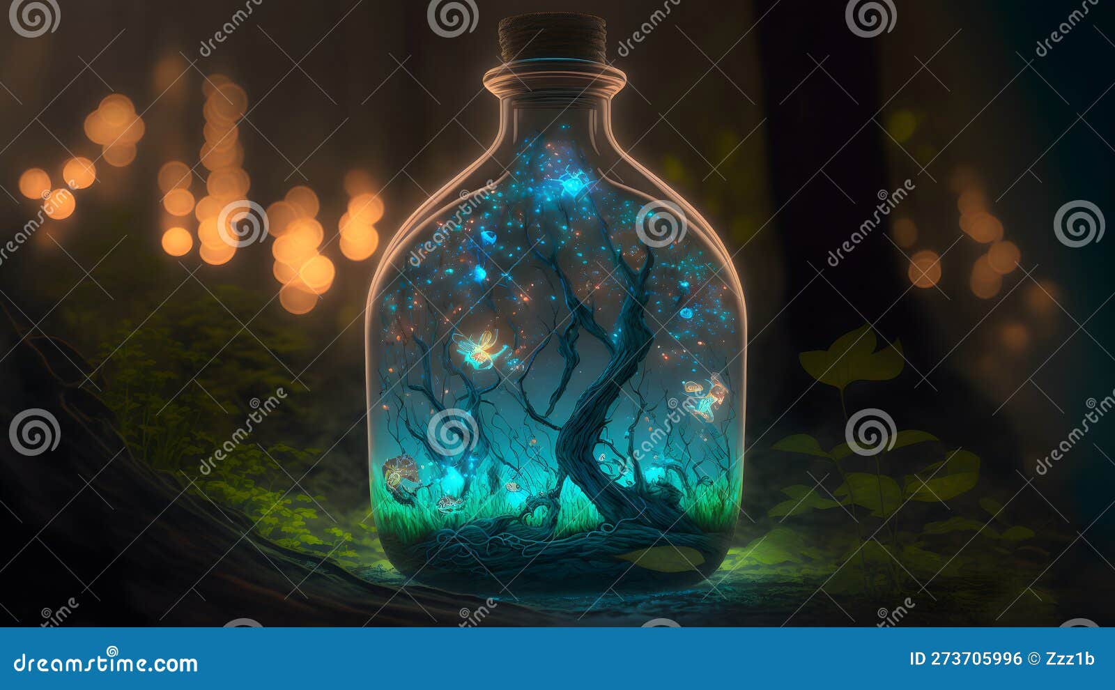 Glowing Potion Bottle with Magic Tree Inside on Night Forest Ground ...