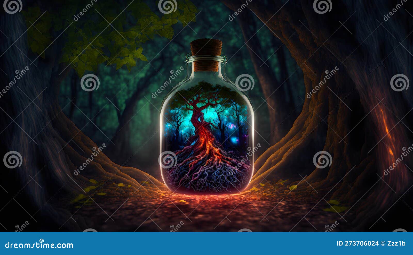 Glowing Potion Bottle with Magic Tree Inside on Night Forest Ground ...