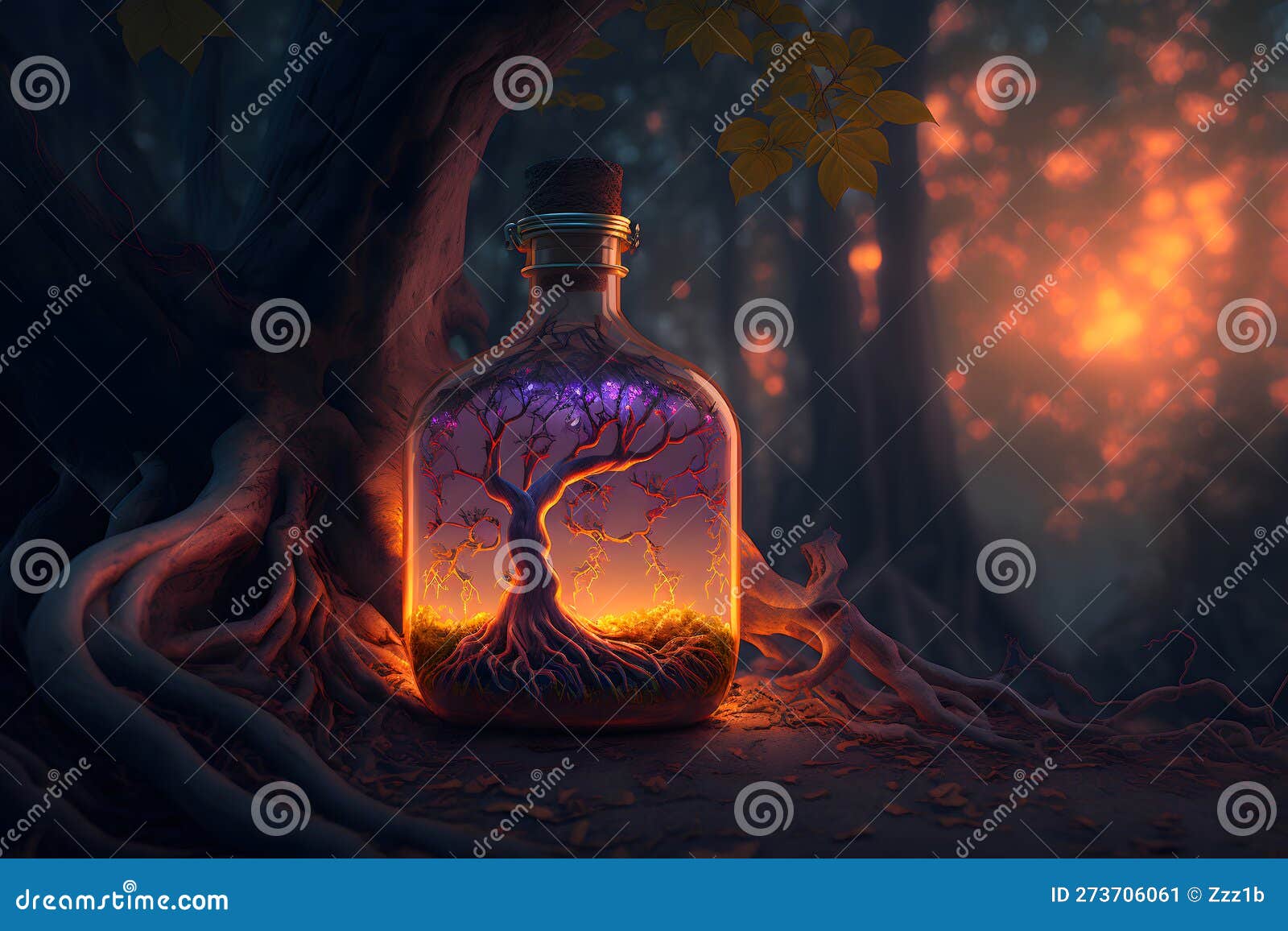 Glowing Potion Bottle with Magic Tree Inside on Night Forest Ground ...
