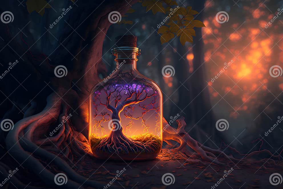 Glowing Potion Bottle with Magic Tree Inside on Night Forest Ground ...