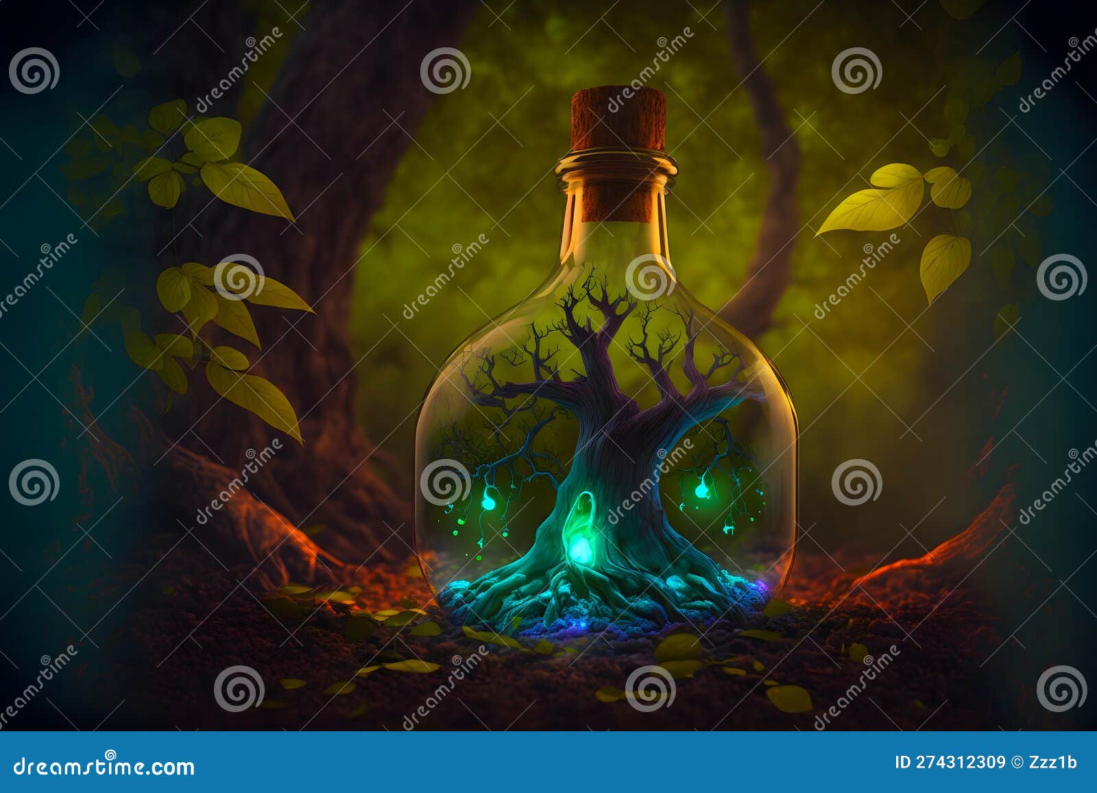 Glowing Potion Bottle with Magic Tree Inside on Night Forest Ground ...