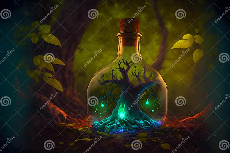 Glowing Potion Bottle with Magic Tree Inside on Night Forest Ground ...