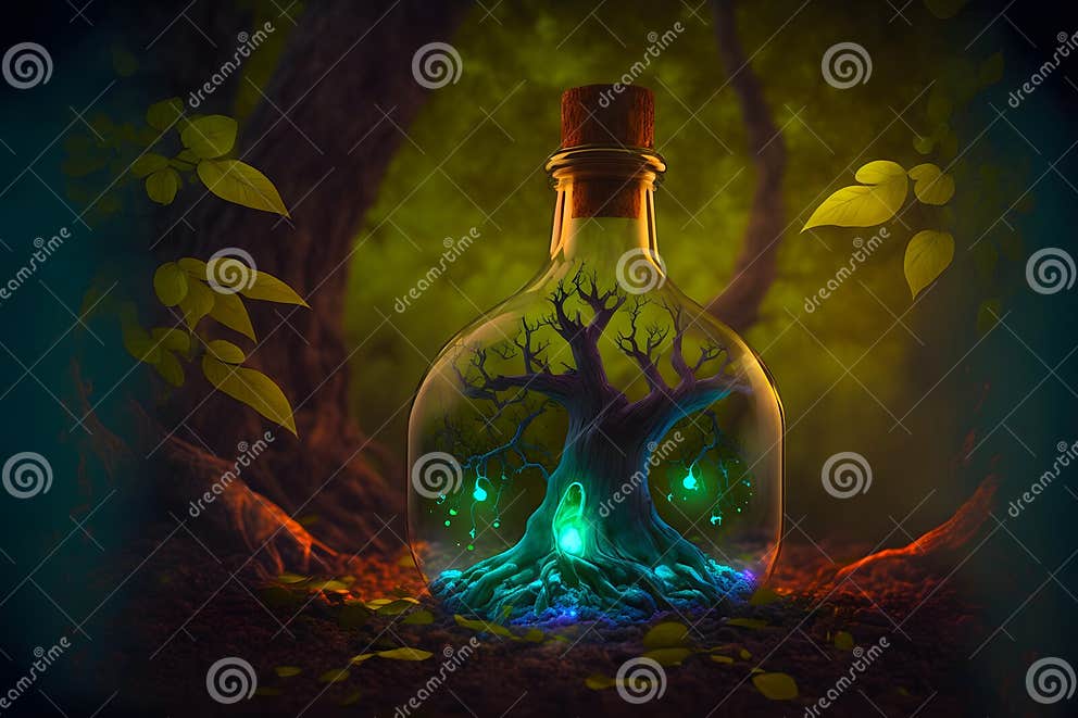 Glowing Potion Bottle with Magic Tree Inside on Night Forest Ground ...