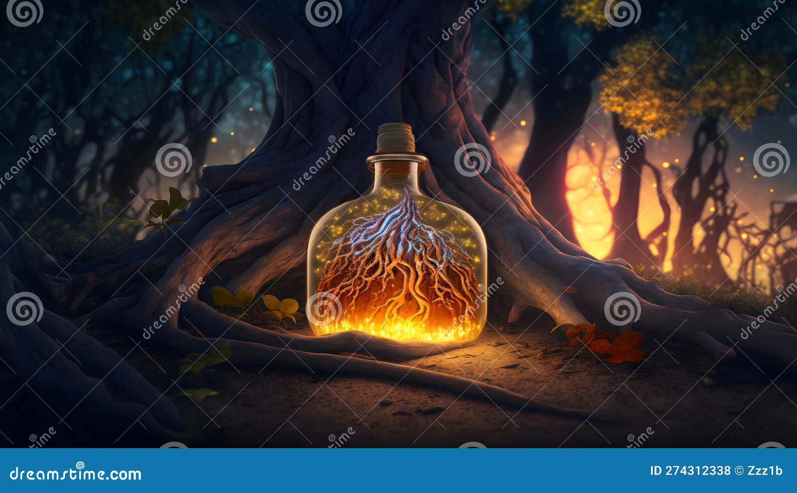 Glowing Potion Bottle with Magic Tree Inside on Night Forest Ground ...