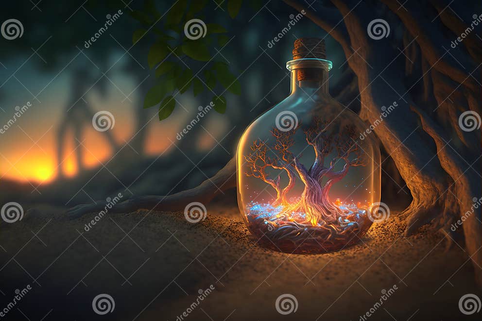 Glowing Potion Bottle with Magic Tree Inside on Night Forest Ground ...