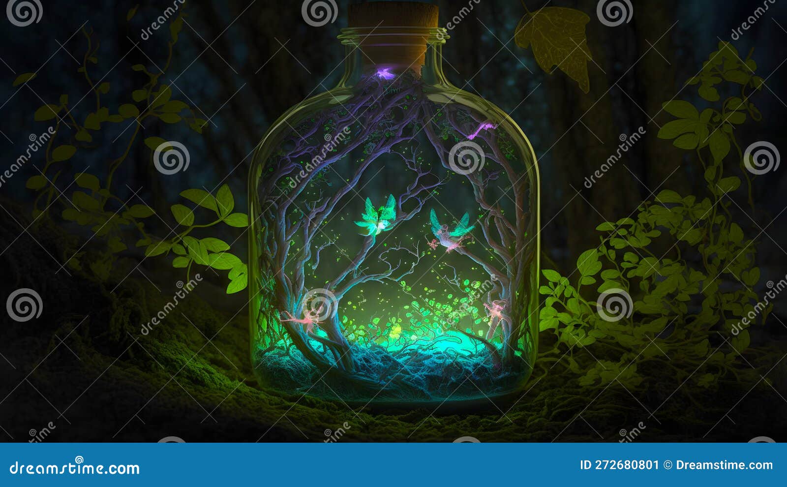 Glowing Potion Bottle with Magic Tree Inside on Night Forest Ground ...